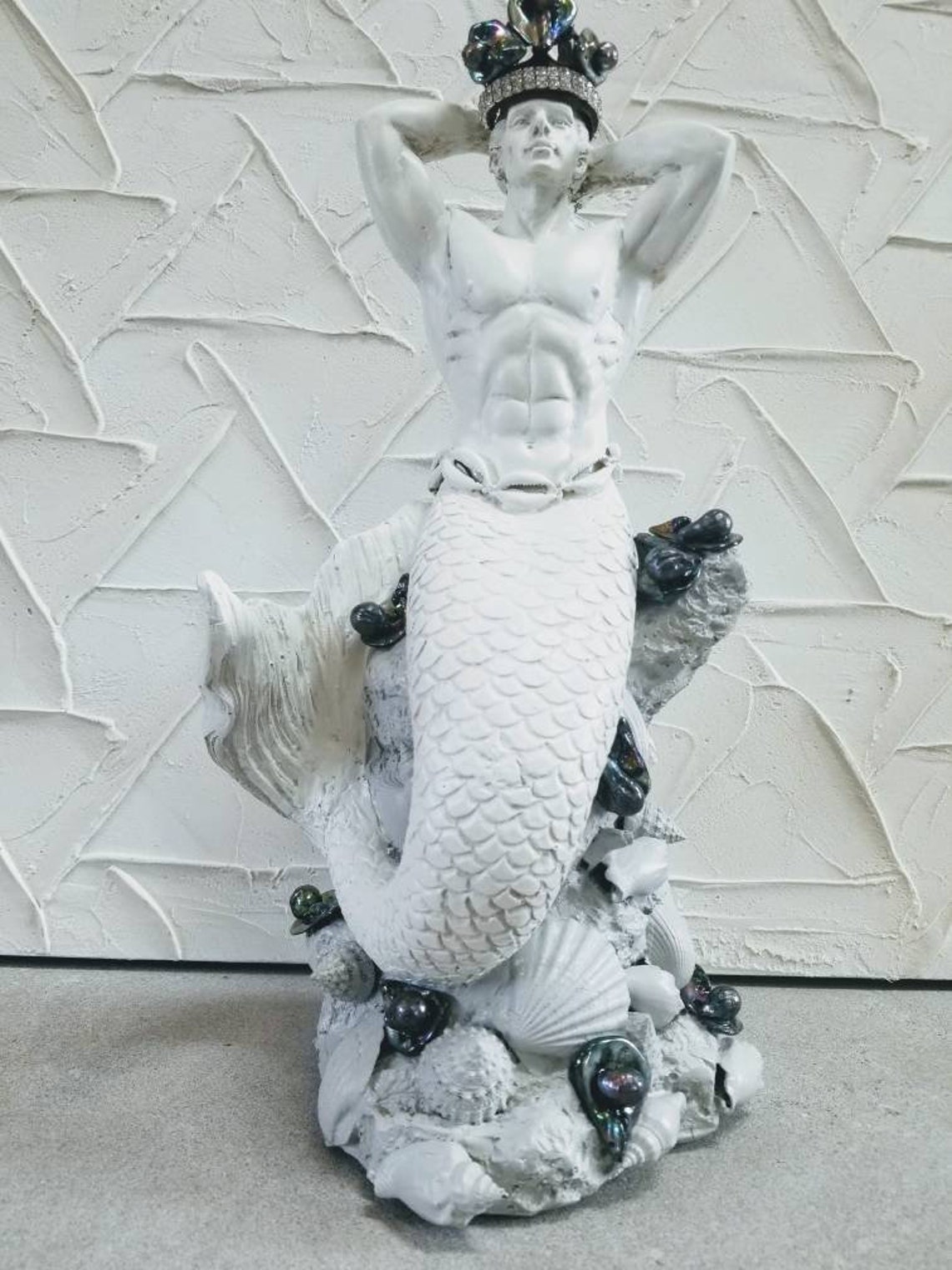 Merman statue with handmade black pearl and oyster crown with | Etsy