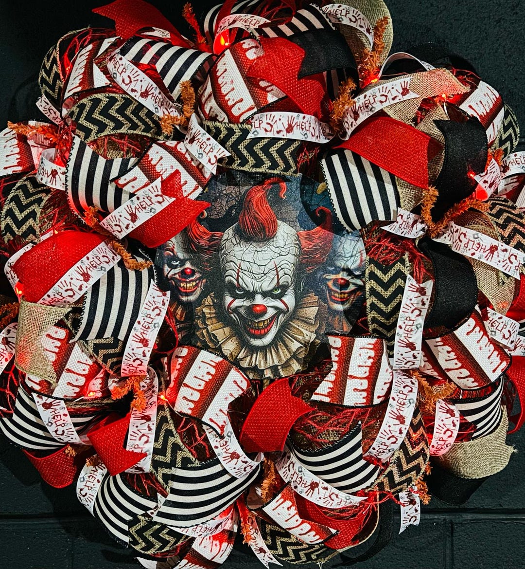 Halloween Clown Wreath With Lights Scary Horror Killer Clown Light up ...
