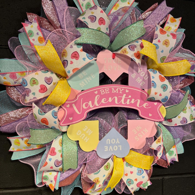 Valentines Day Wreath Candy Heart Conversation Hearts Handmade Deco ...