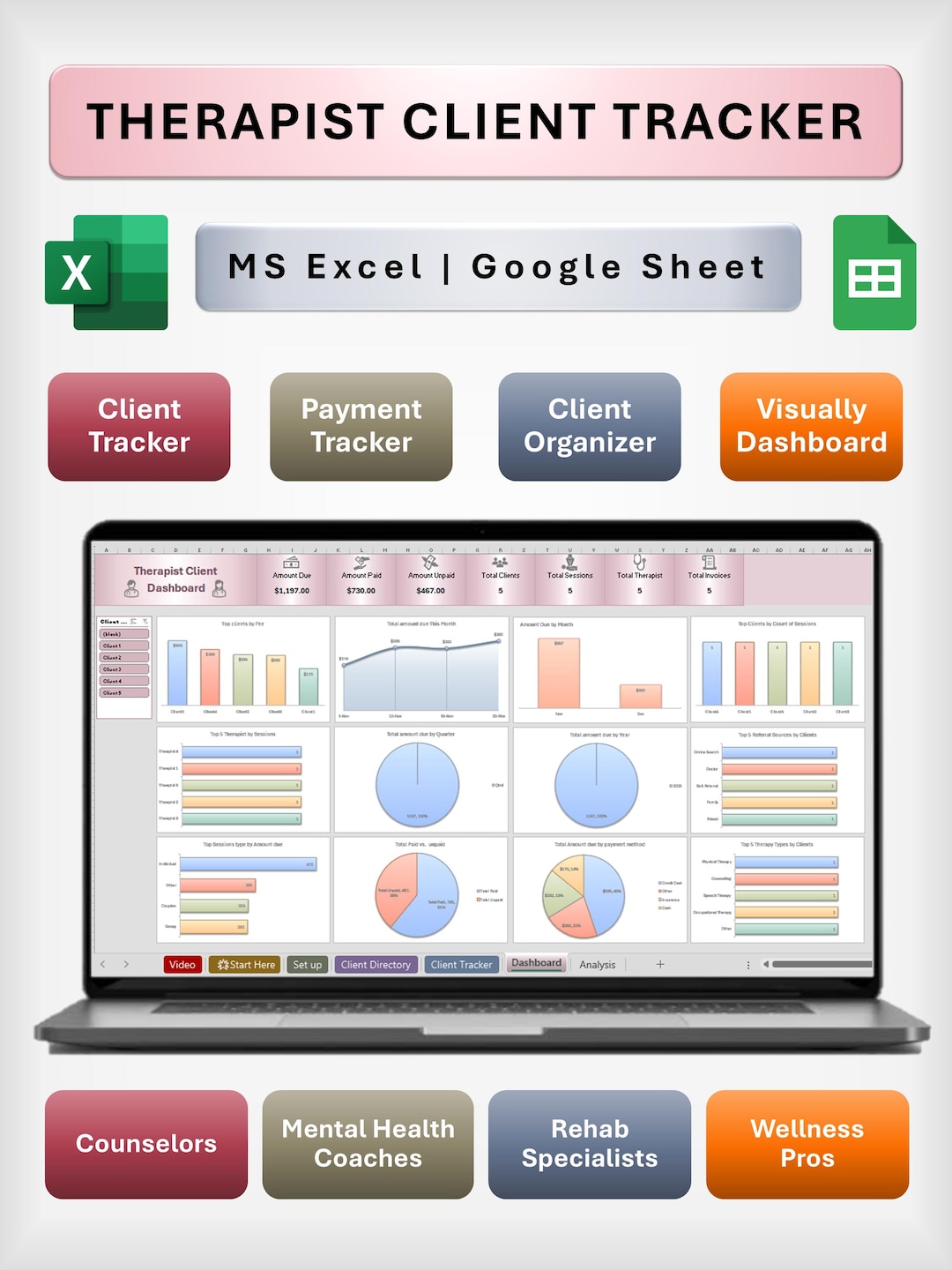Therapist Client Tracker Excel & Google Sheets Therapy Planner Notes ...