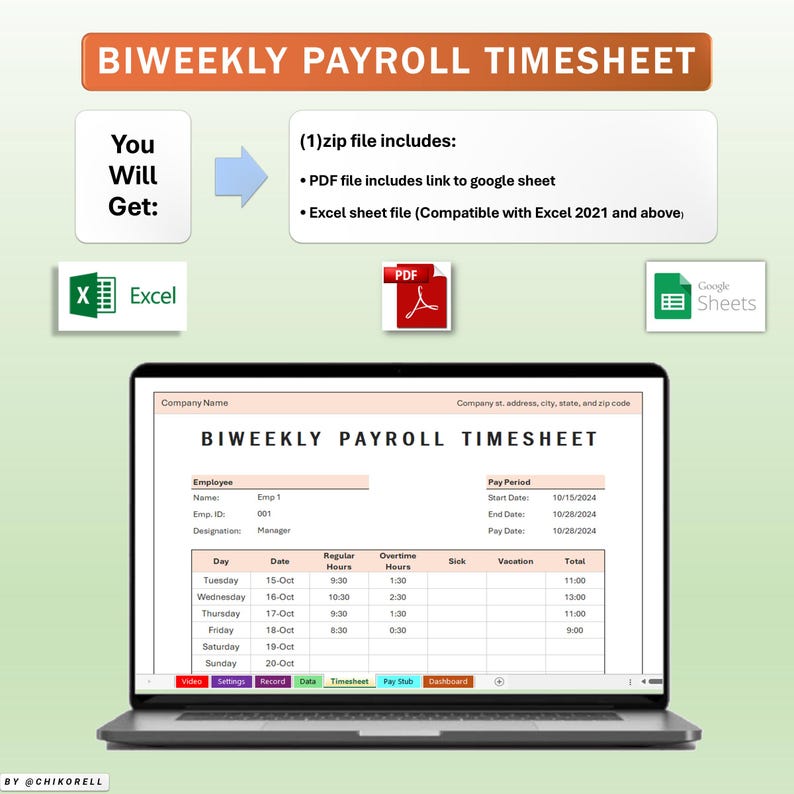 Biweekly Payroll Timesheet Tracker Excel & Google Spreadsheets Template ...