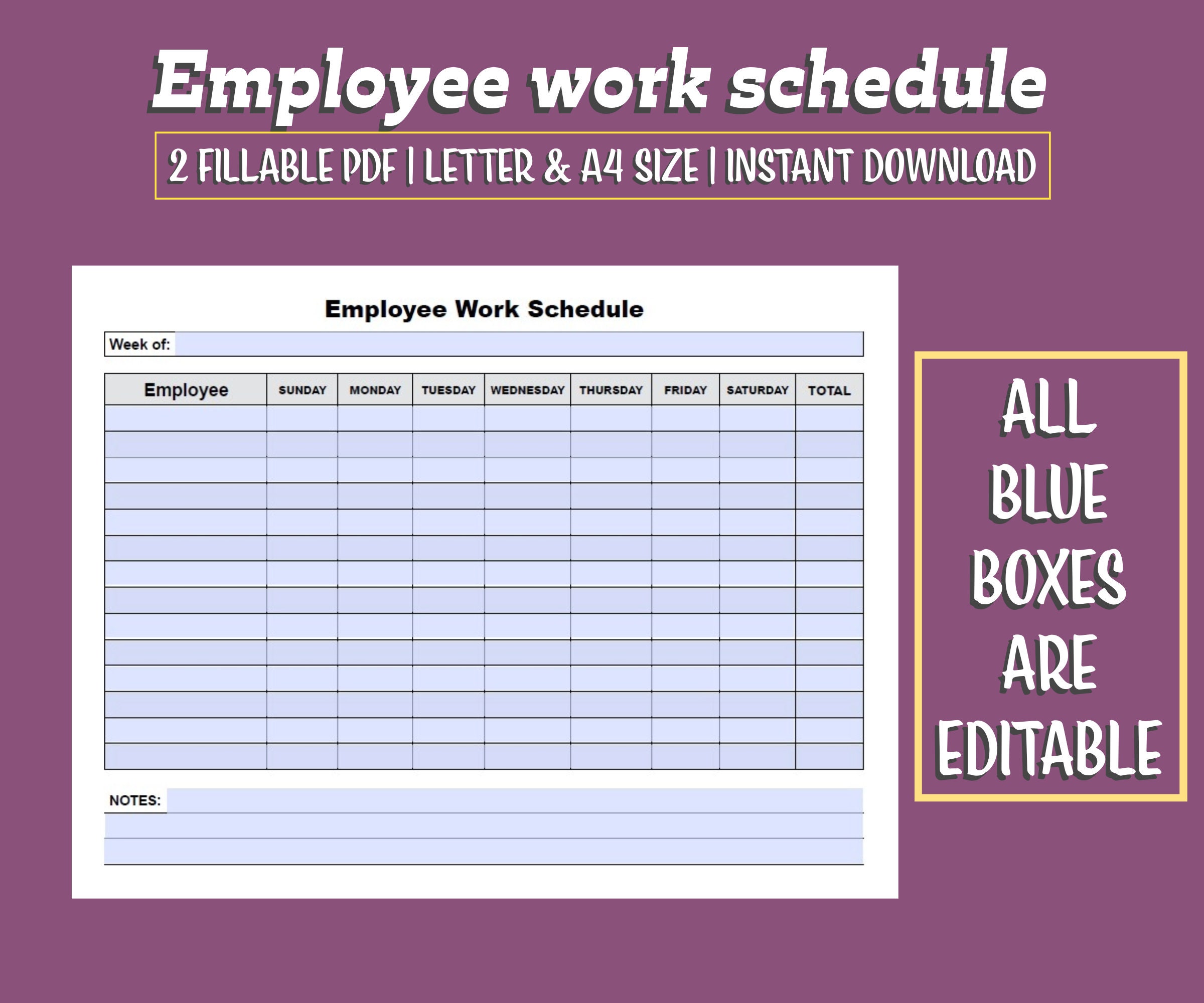 Editable Employee Work Schedule Template | Digital Weekly Work Planner ...
