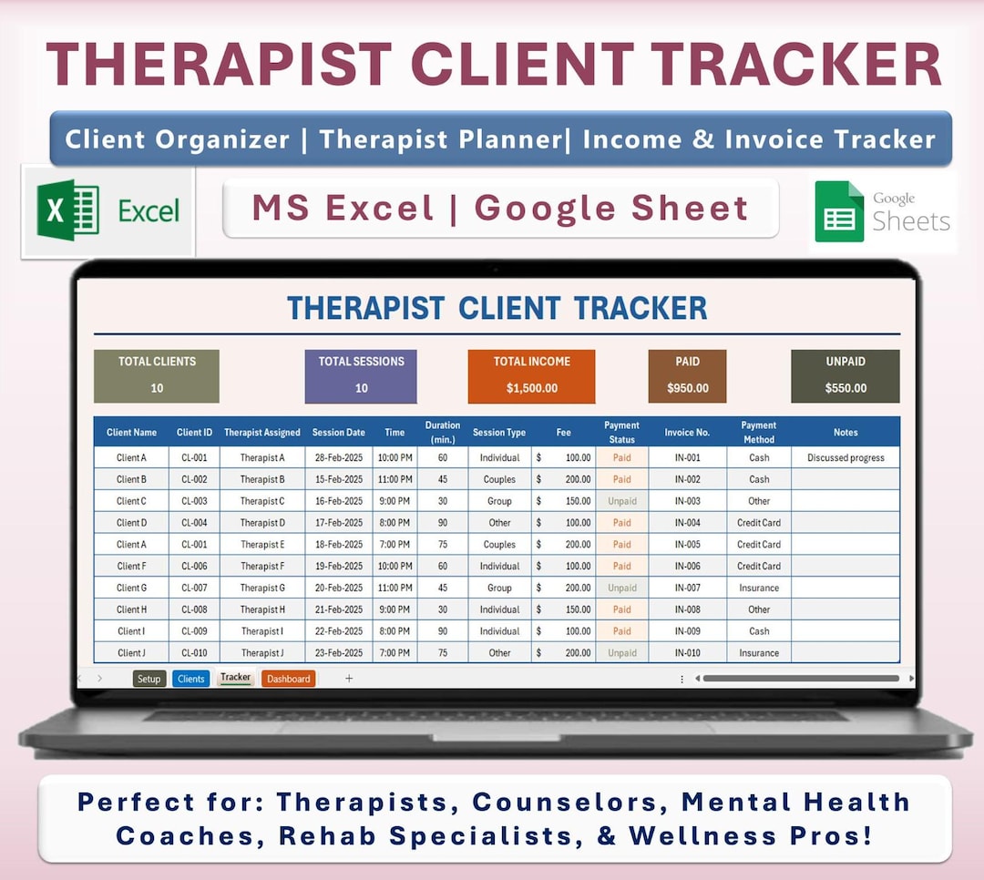 Therapist Client Tracker Excel & Google Spreadsheets | All-in-one ...