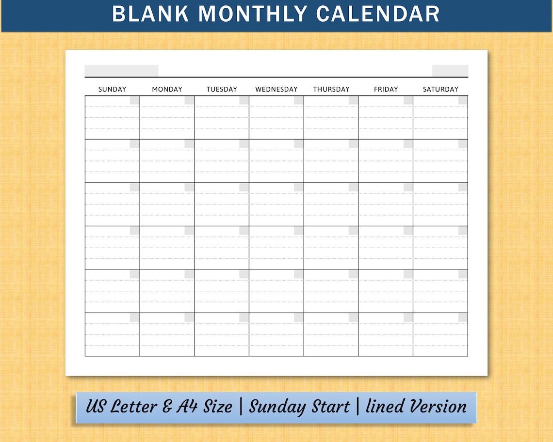 Blank Undated Monthly Calendar Planner Printable Template, Editable ...