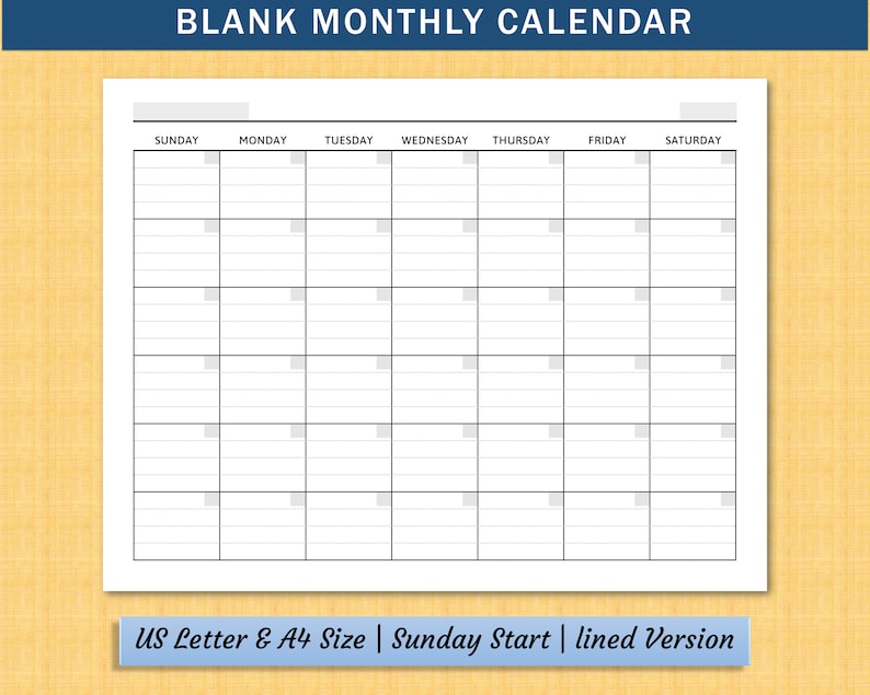 Blank Undated Monthly Calendar Planner Printable Template, Editable ...