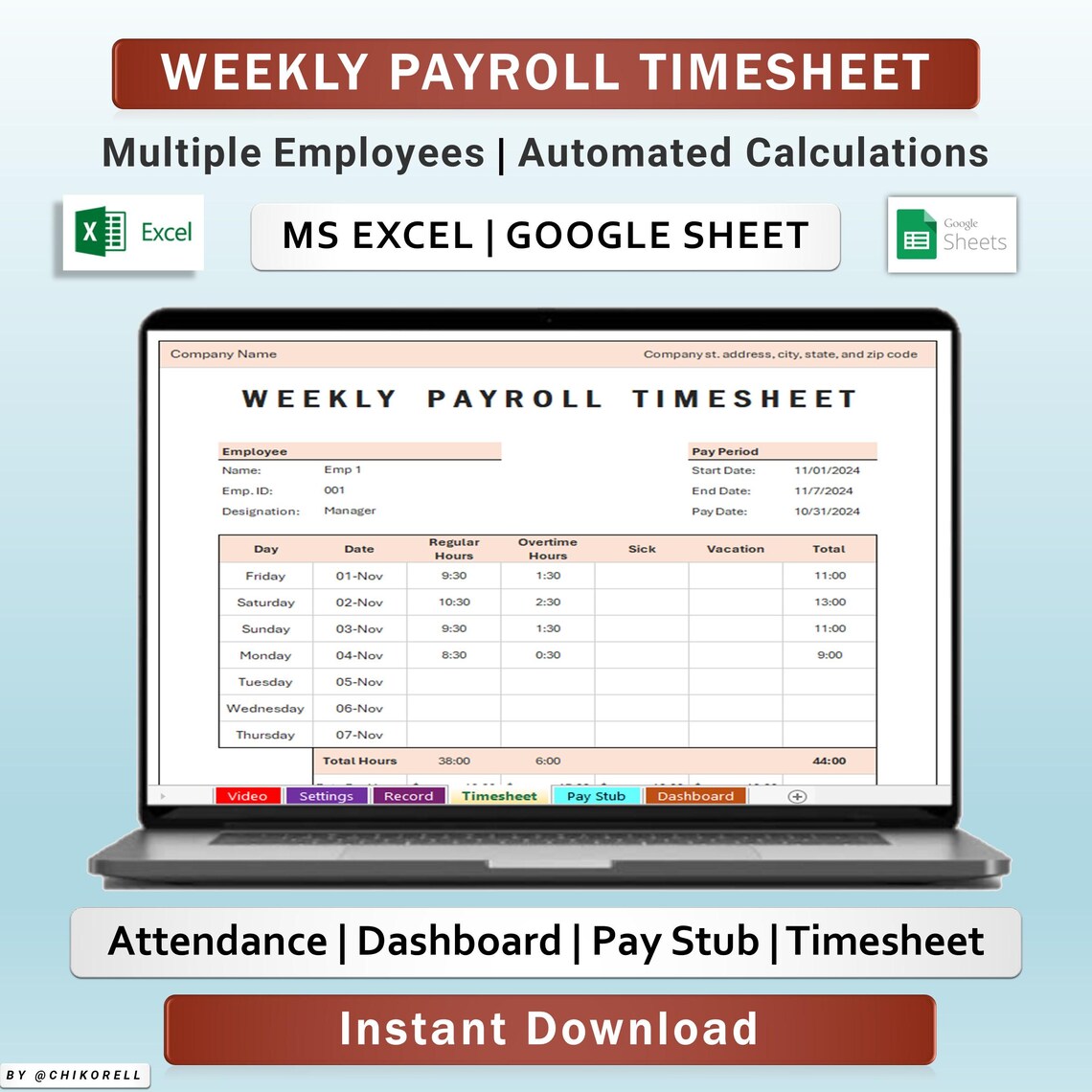 Weekly Payroll Timesheet Tracker | Excel & Google Spreadsheet Template ...
