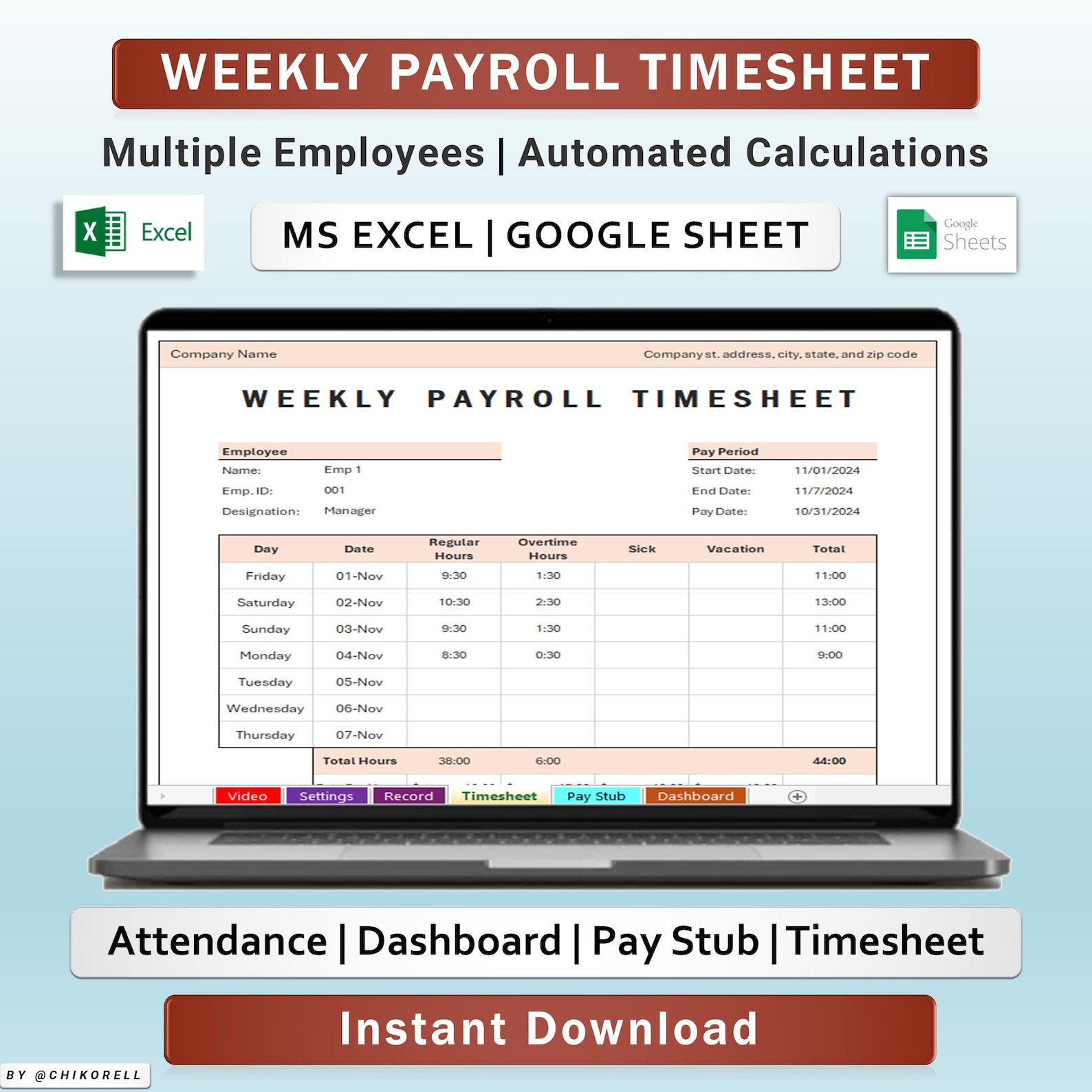 Weekly Payroll Timesheet Tracker Excel & Google Sheets Template ...