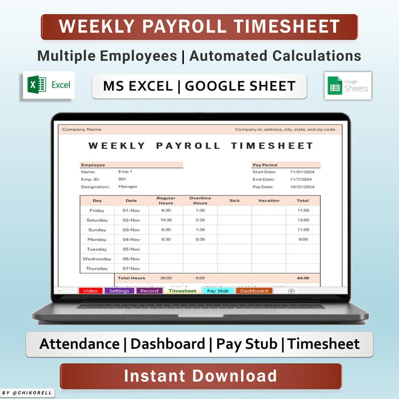 Weekly Payroll Timesheet Tracker Excel & Google Sheets Template ...