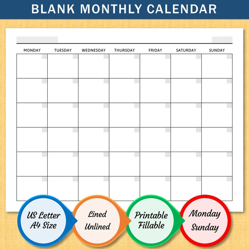 Blank Undated Monthly Calendar Planner Printable Template, Editable ...