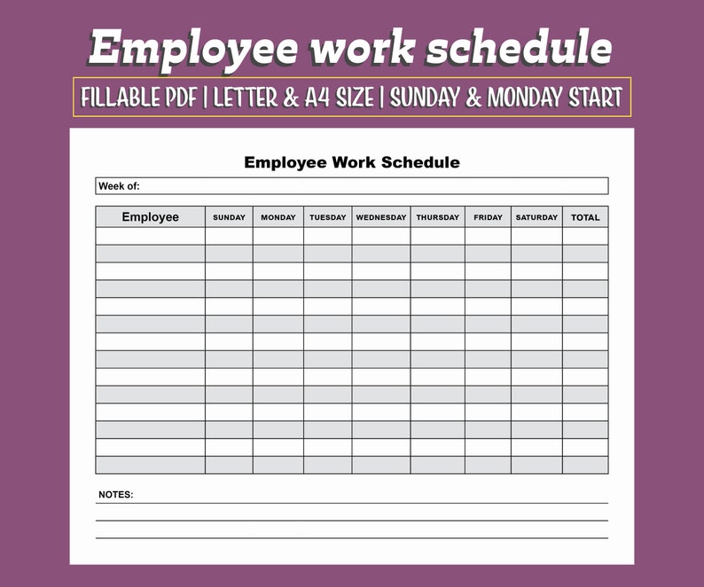Editable Employee Work Schedule Template Digital Weekly Work - Etsy
