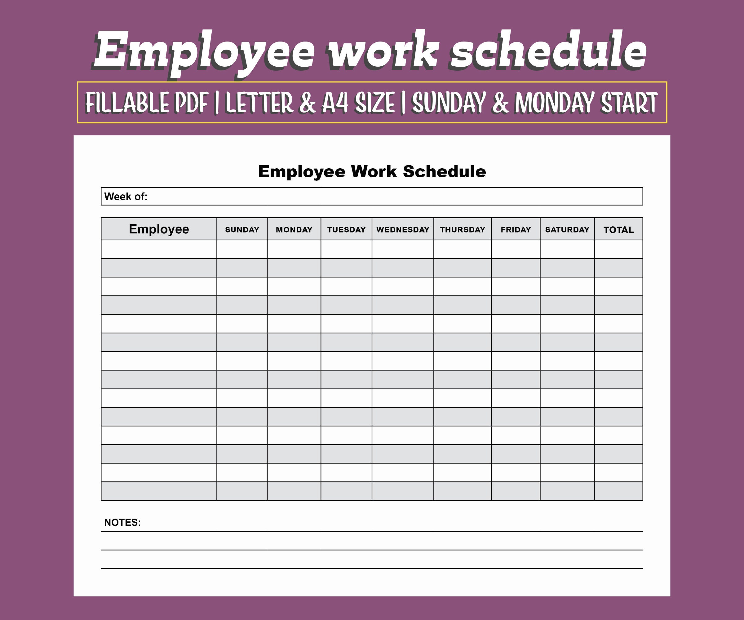 Editable Employee Work Schedule Template Digital Weekly Work - Etsy