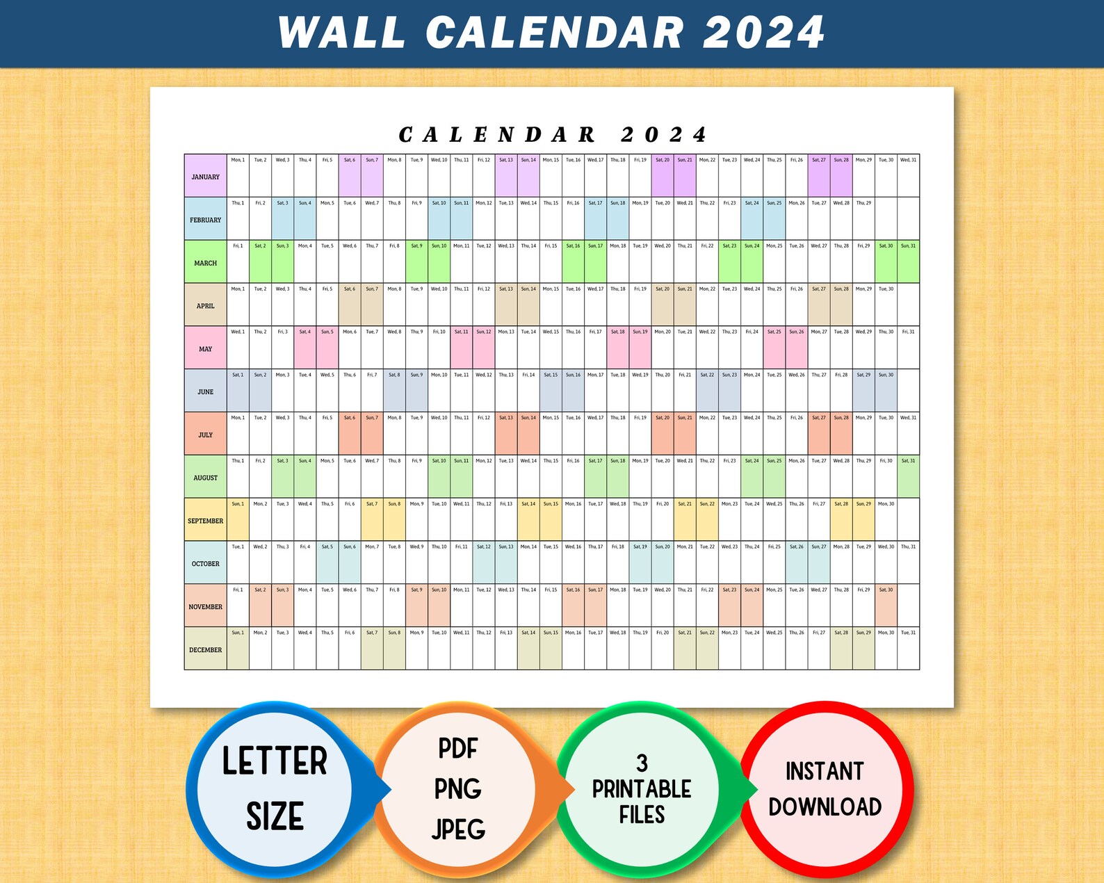 2024 Yearly Wall Calendar Printable Giant & Large Wall Art for Home Big ...