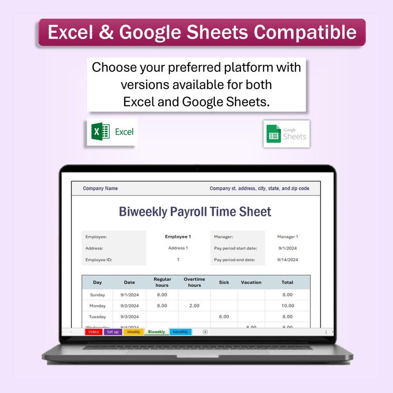 Simple Employee Payroll Timesheet Tracker Excel & Google Spreadsheet ...