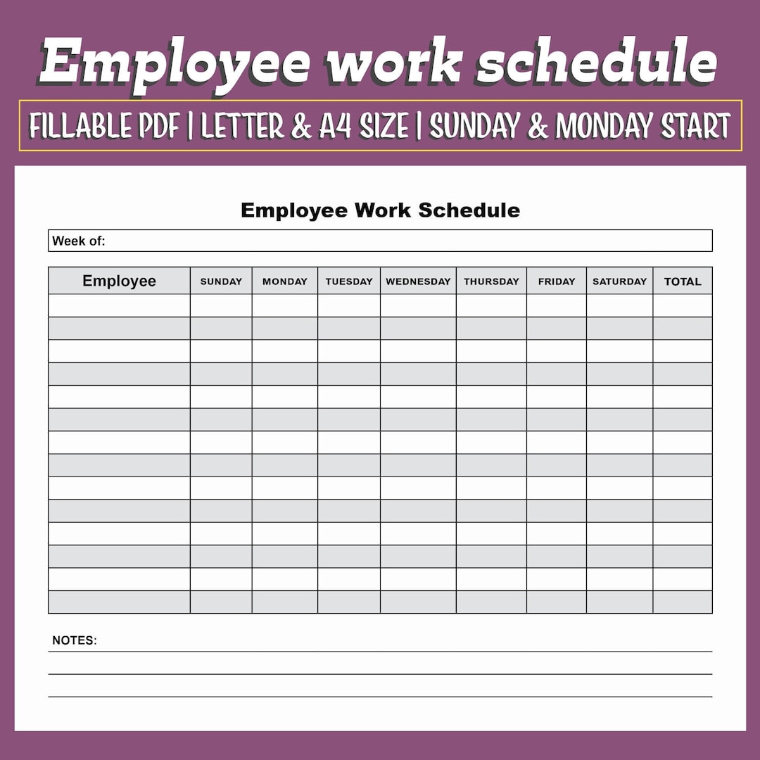 Editable Employee Work Schedule Template | Digital Weekly Work Planner ...