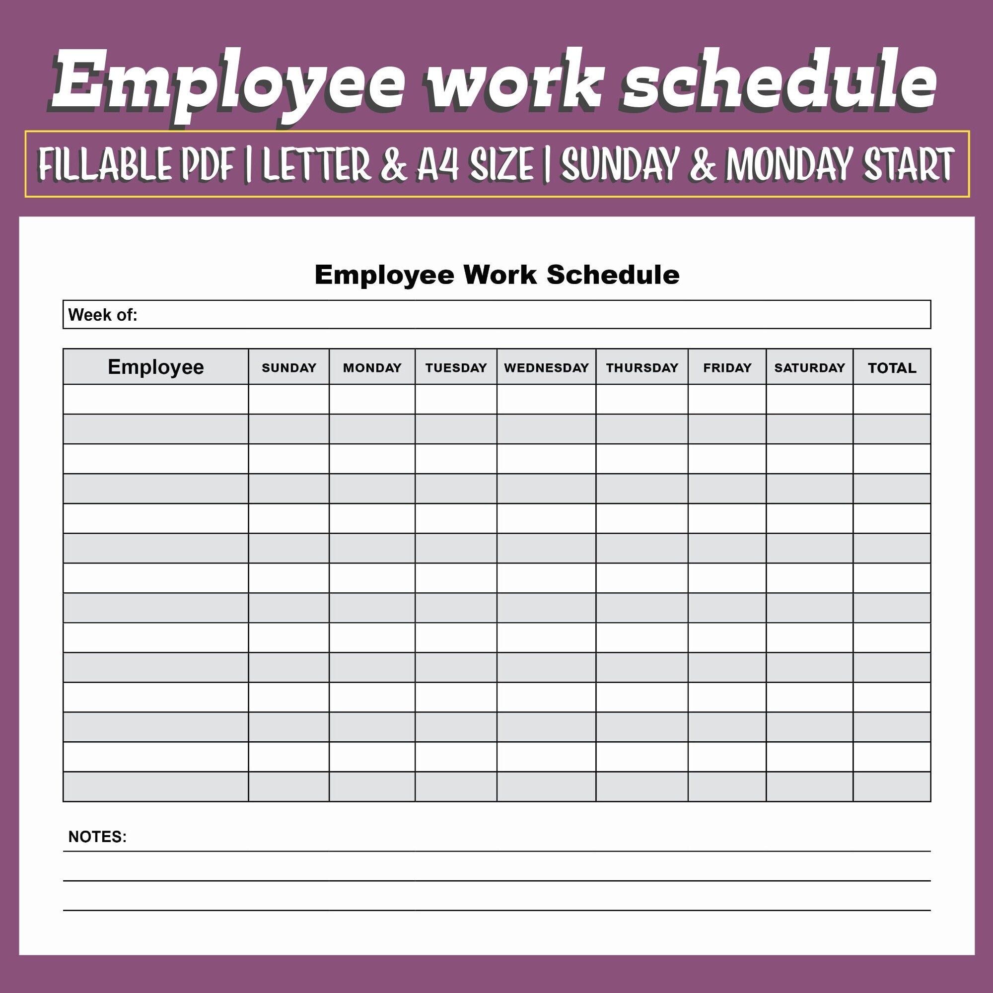 Editable Employee Work Schedule Template | Digital Weekly Work Planner ...