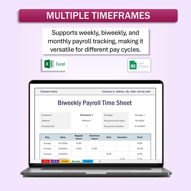 Payroll Timesheet Tracker | Excel & Google Spreadsheet Template | Weekly, Biweekly, Monthly ...