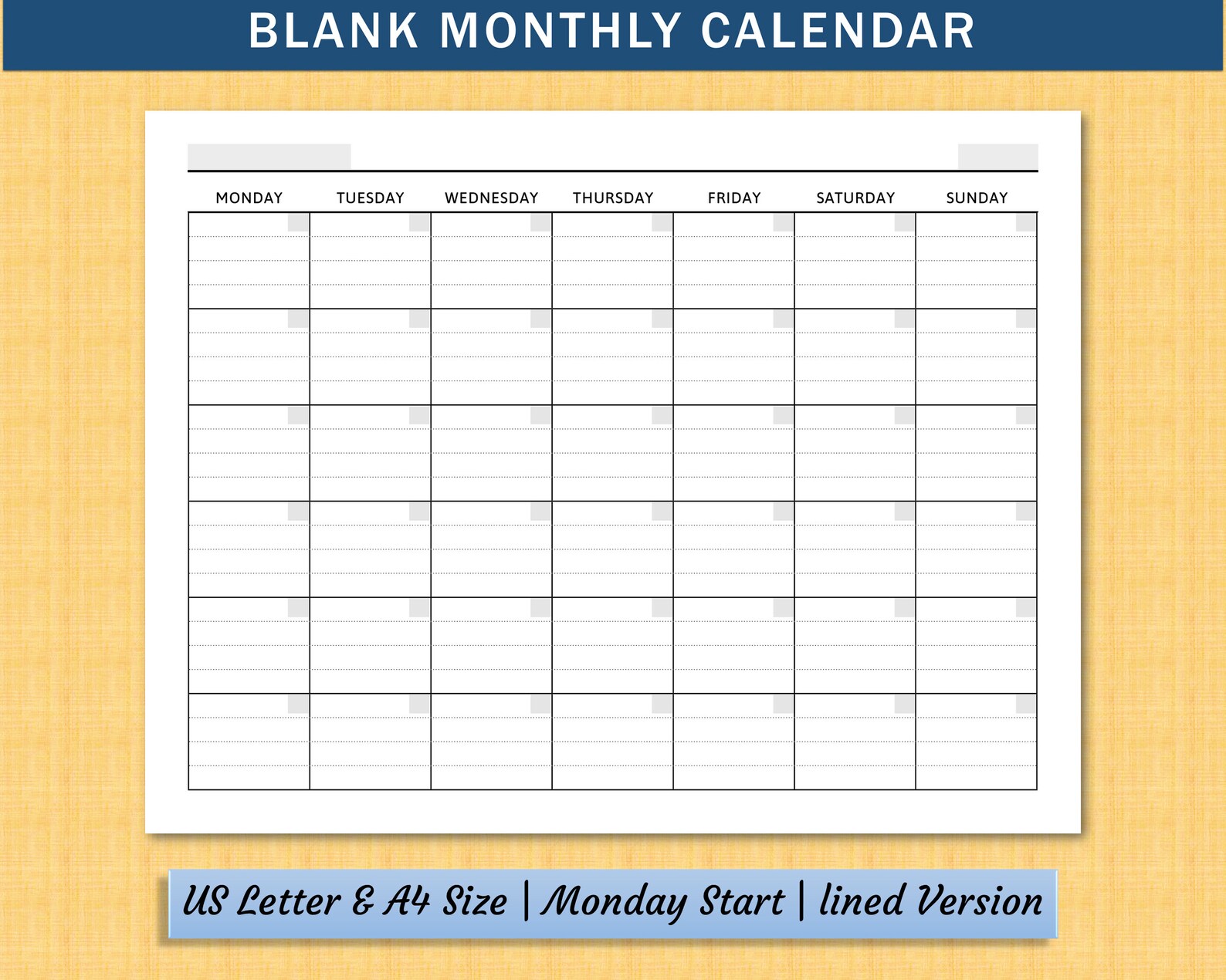 Blank Undated Monthly Calendar Planner Printable Template, Editable ...