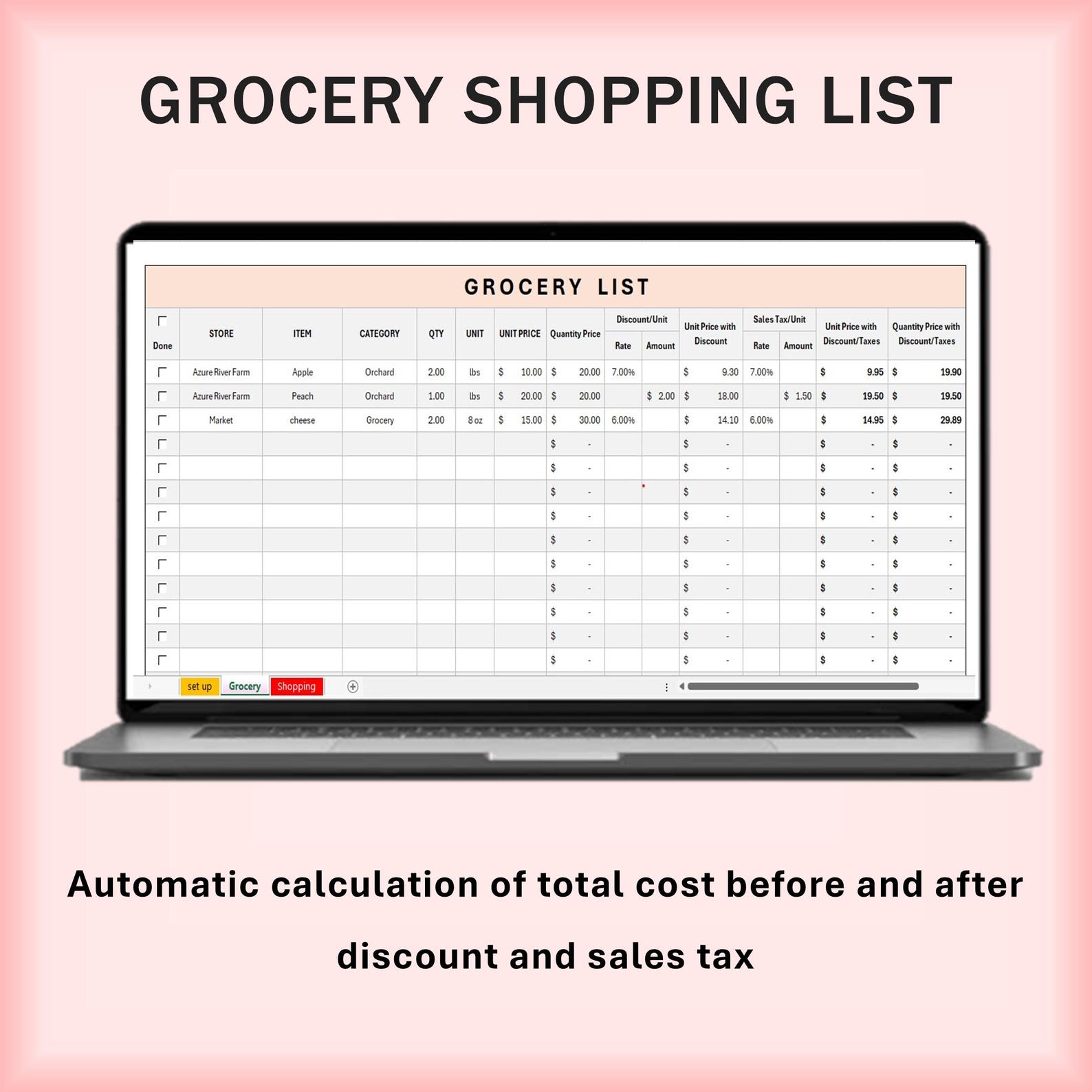 Grocery Shopping Checklist With Discount and Sales Tax Excel ...