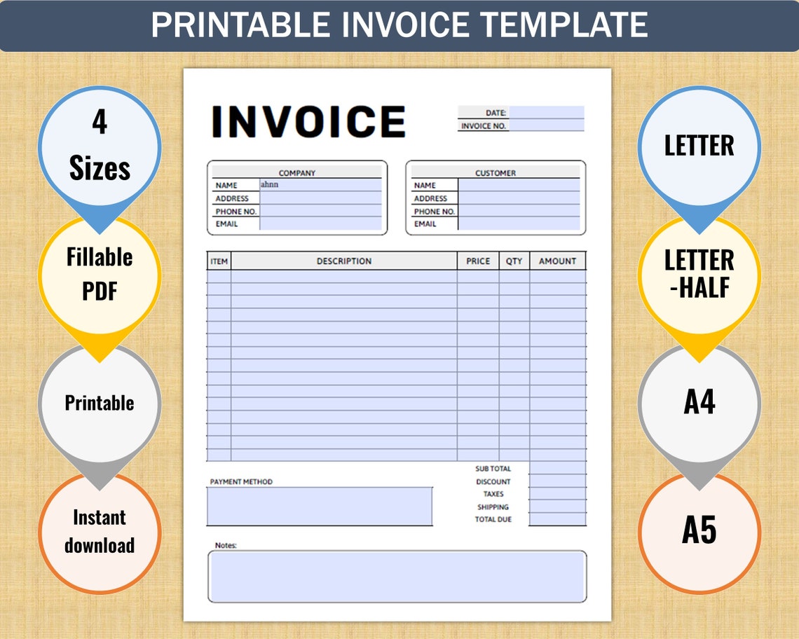 Invoice Template for Small Business Bookkeeping, Receipt, and Service ...