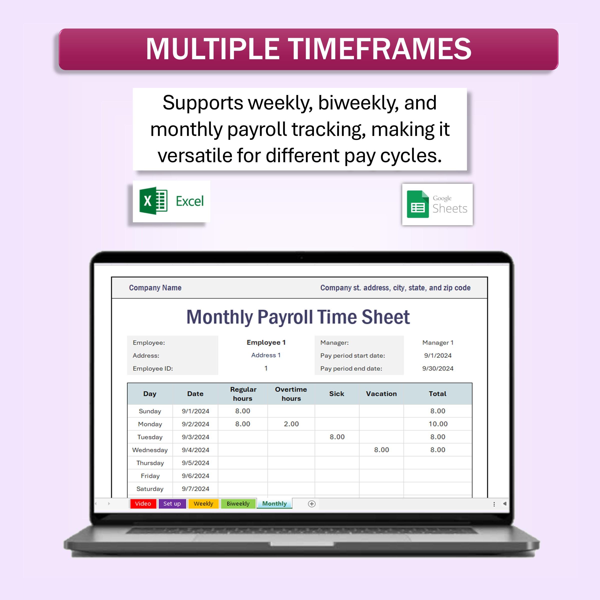 Payroll Timesheet Tracker | Excel & Google Spreadsheet Template ...