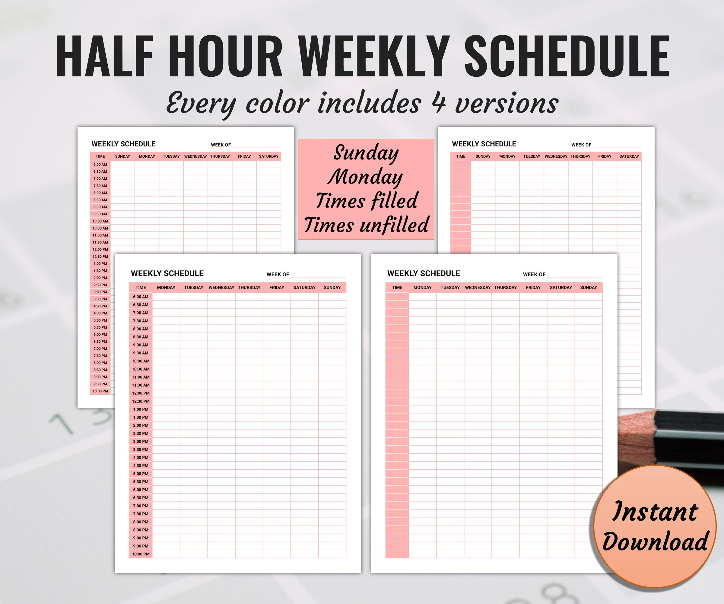 Half Hour Weekly Schedule Printable Daily Agenda Planner - Etsy