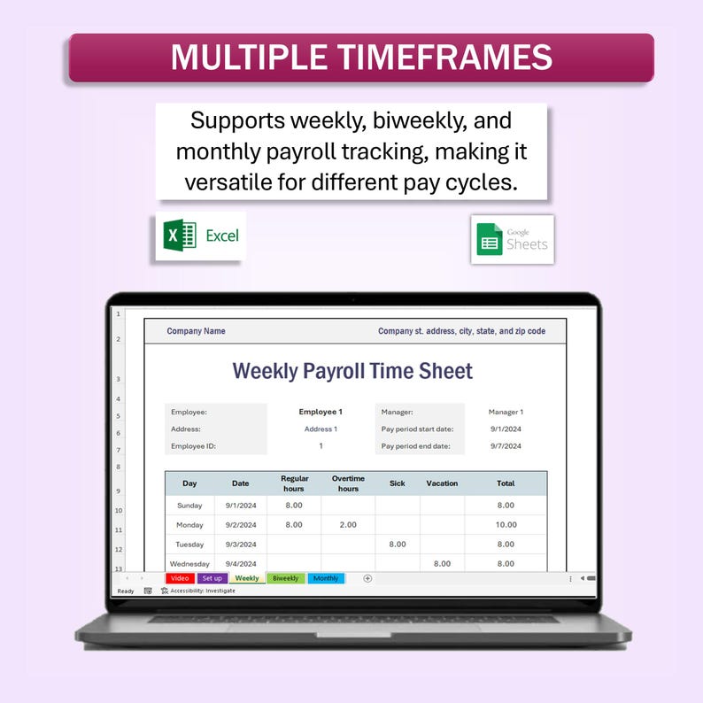 Simple Employee Payroll Timesheet Tracker Excel & Google Spreadsheet ...