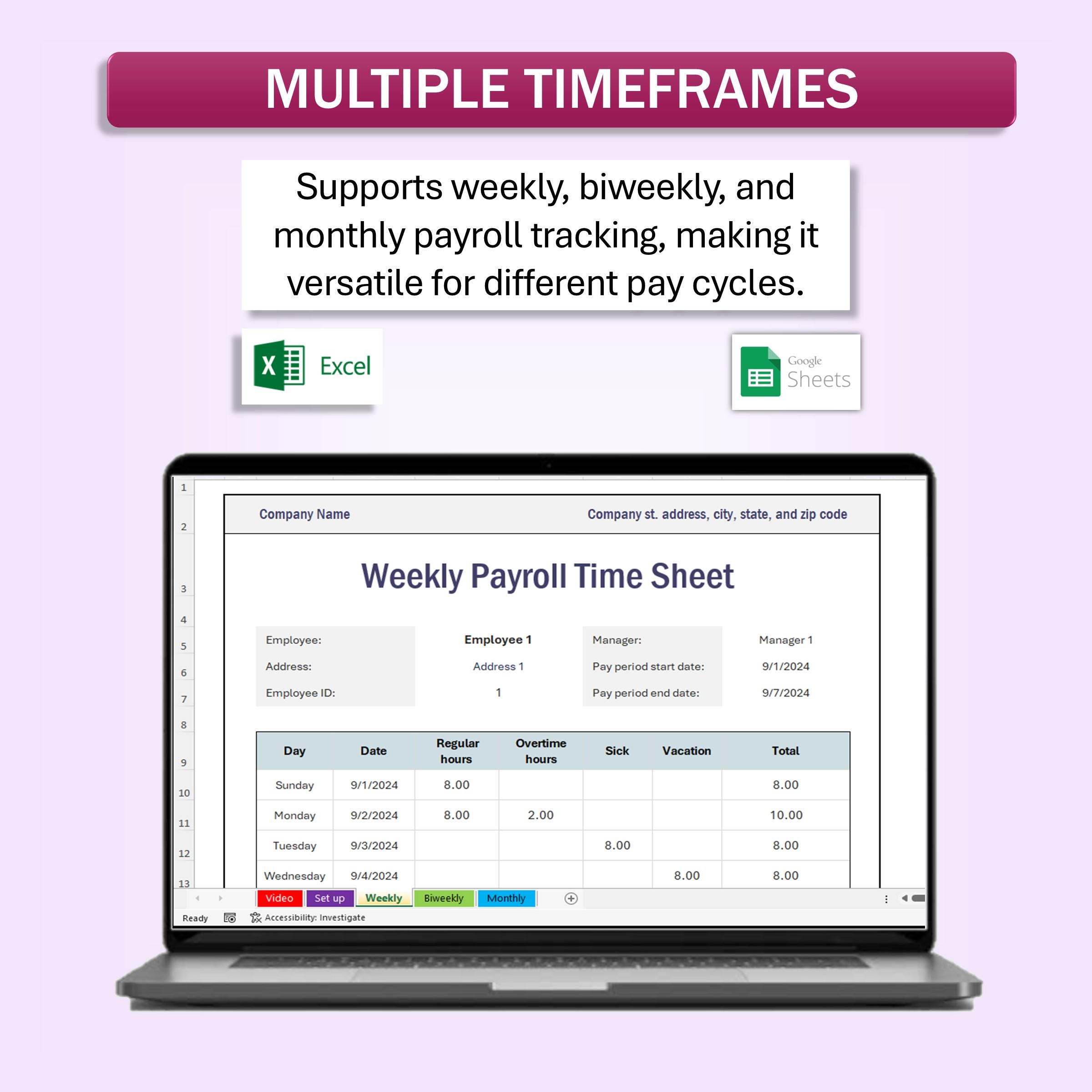 Payroll Timesheet Tracker | Excel & Google Spreadsheet Template ...