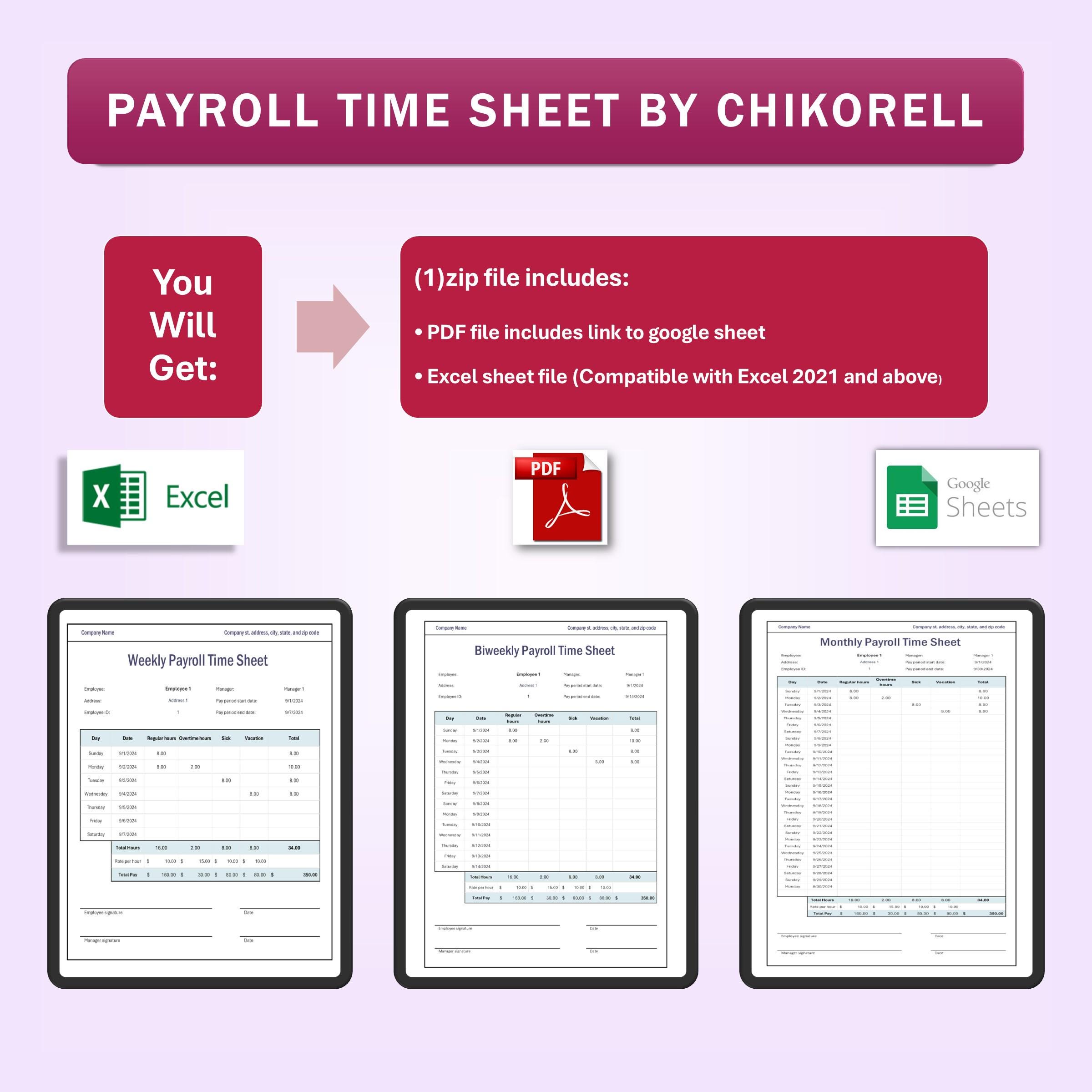 Payroll Timesheet Tracker | Excel & Google Spreadsheet Template ...