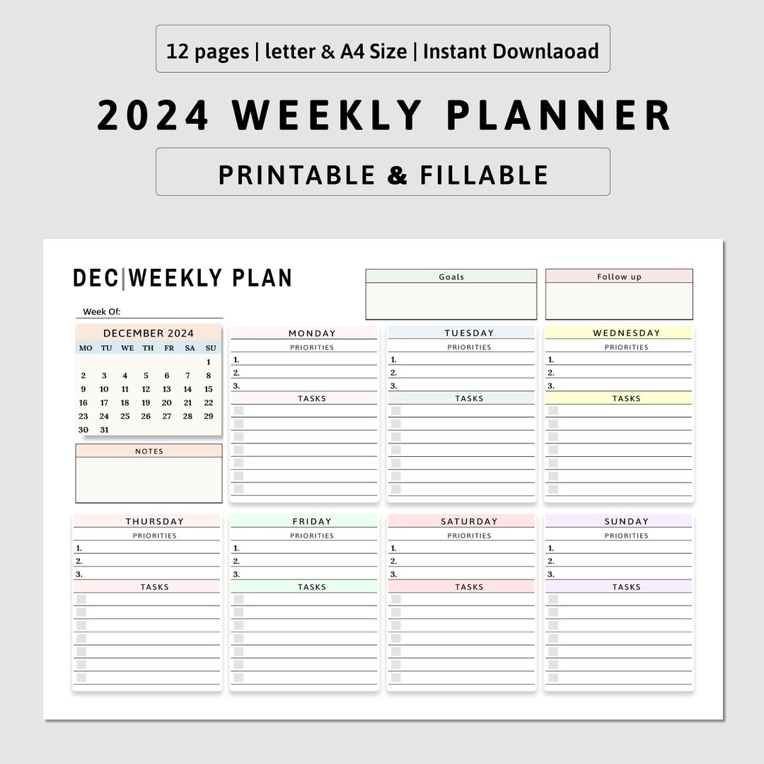 2024 Weekly & Monthly Printable Calendar Planner Undated 12-week Year ...