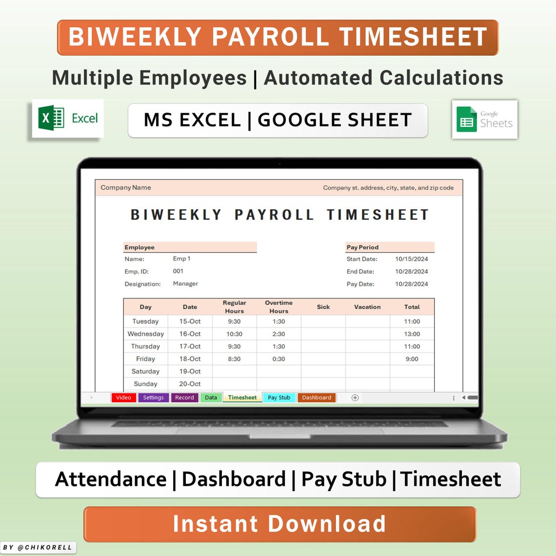 Biweekly Payroll Timesheet Tracker Excel & Google Spreadsheets Template ...