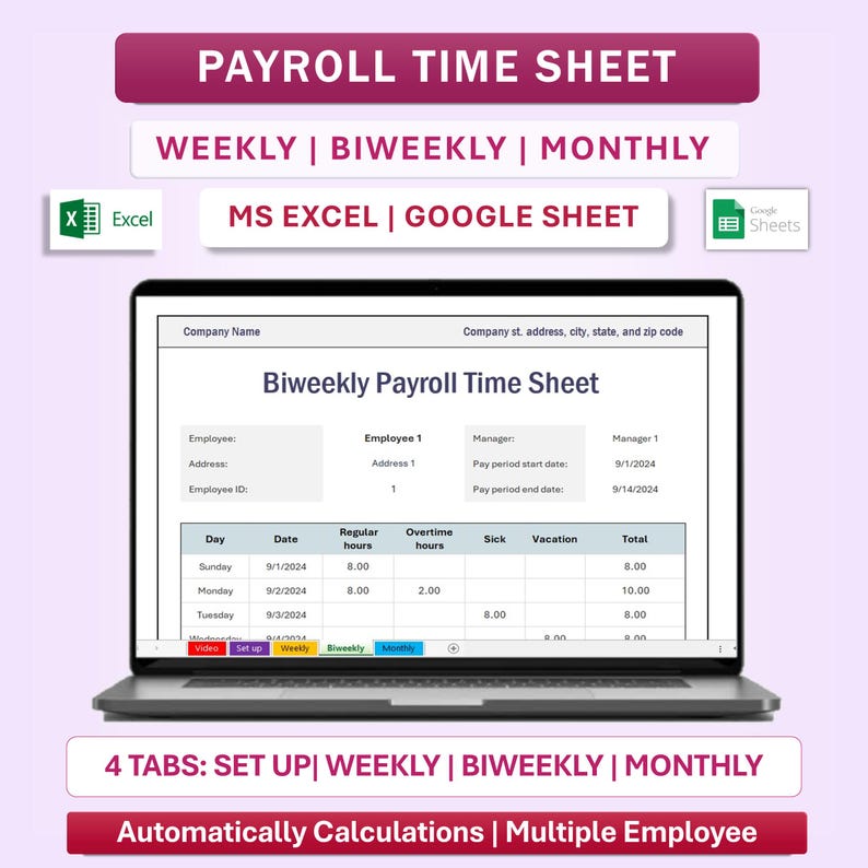 Payroll Timesheet Tracker | Excel & Google Spreadsheet Template ...