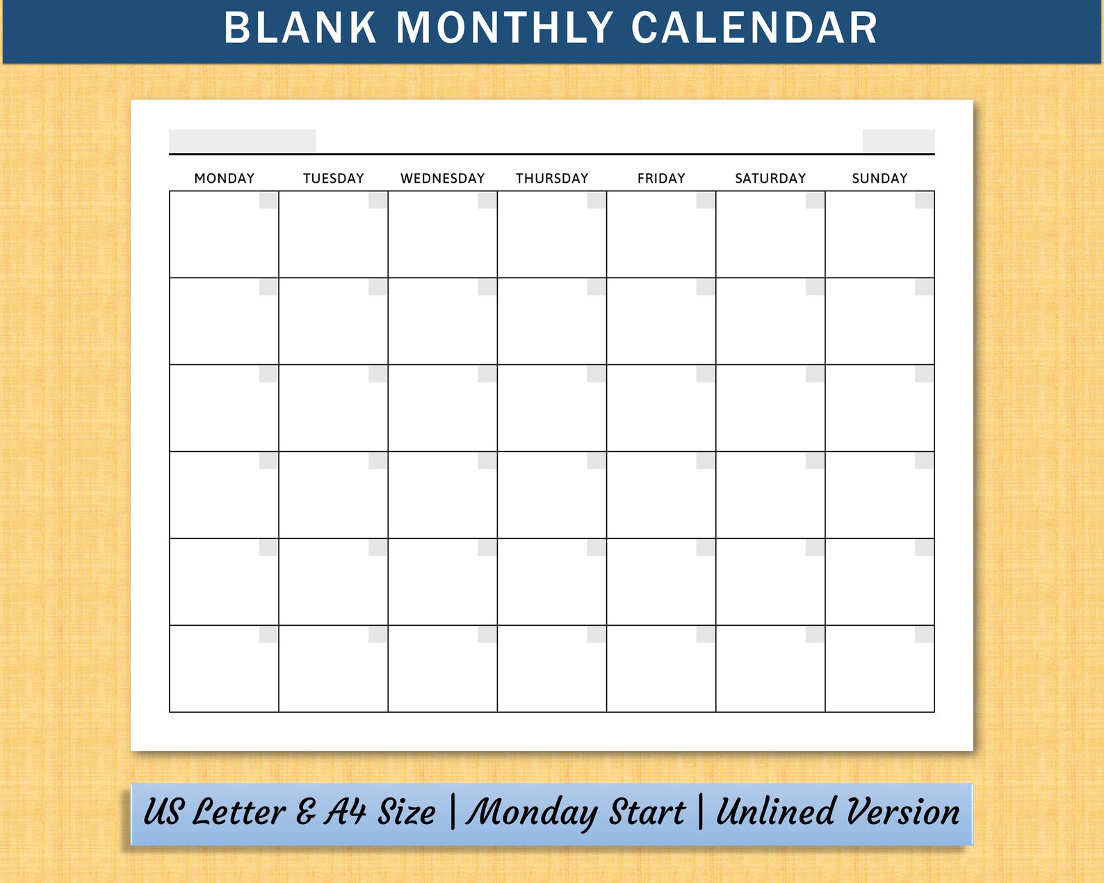 Blank Undated Monthly Calendar Planner Printable Template, Editable ...