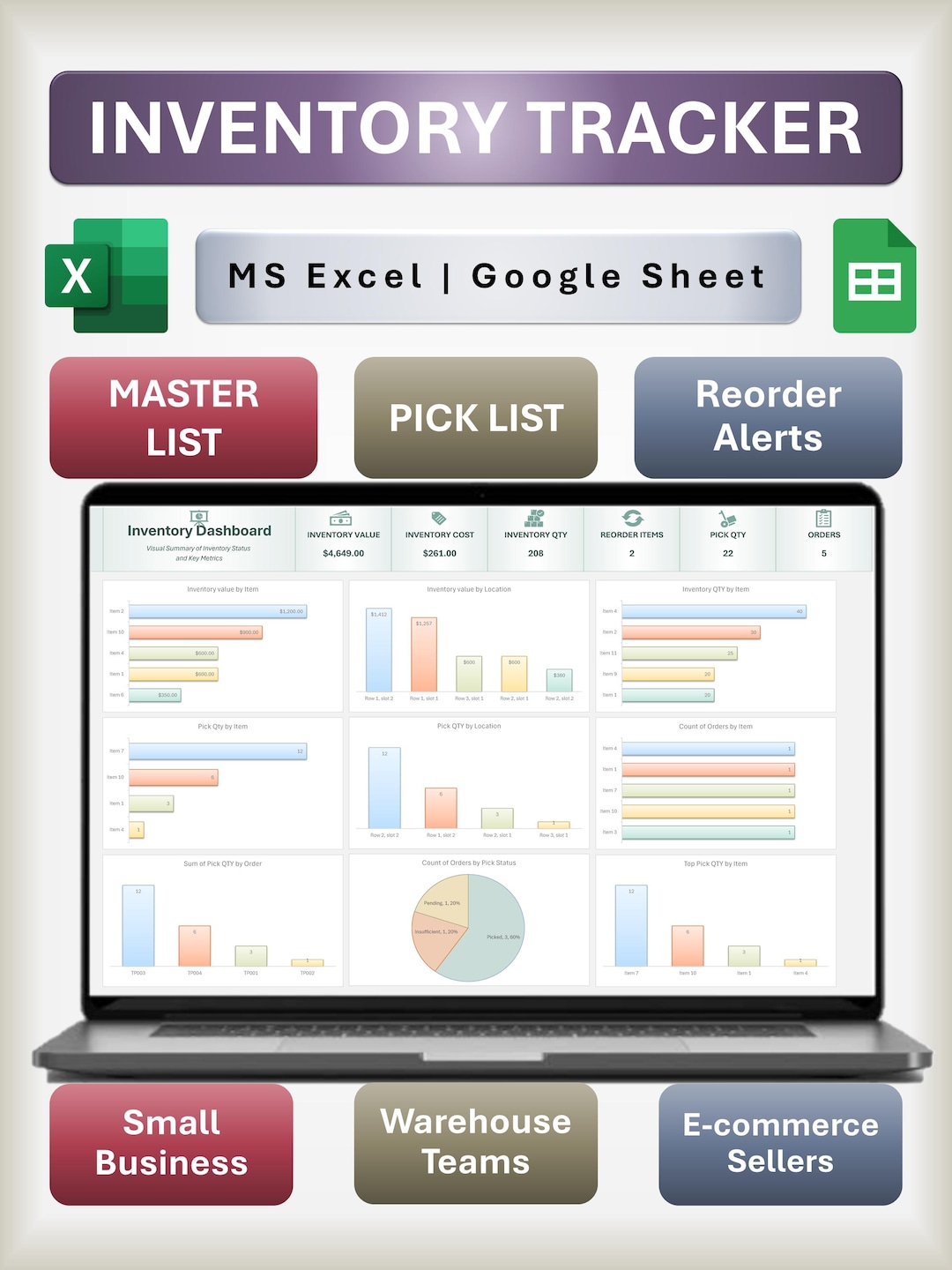 Inventory Tracker Spreadsheet Excel & Google Sheets, Warehouse, Small ...