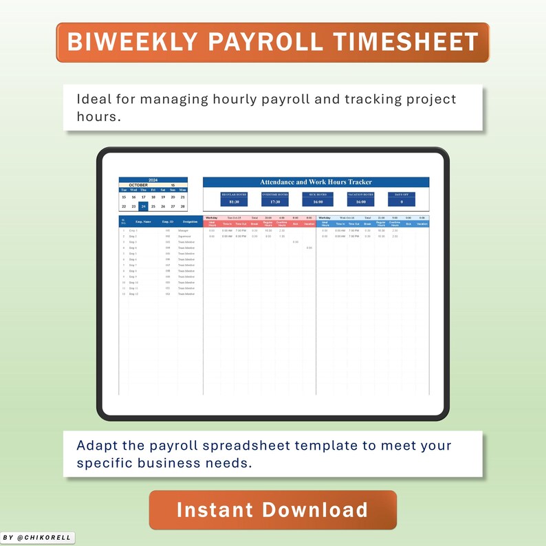 Payroll Timesheet Tracker: Biweekly Excel & Google Spreadsheets ...