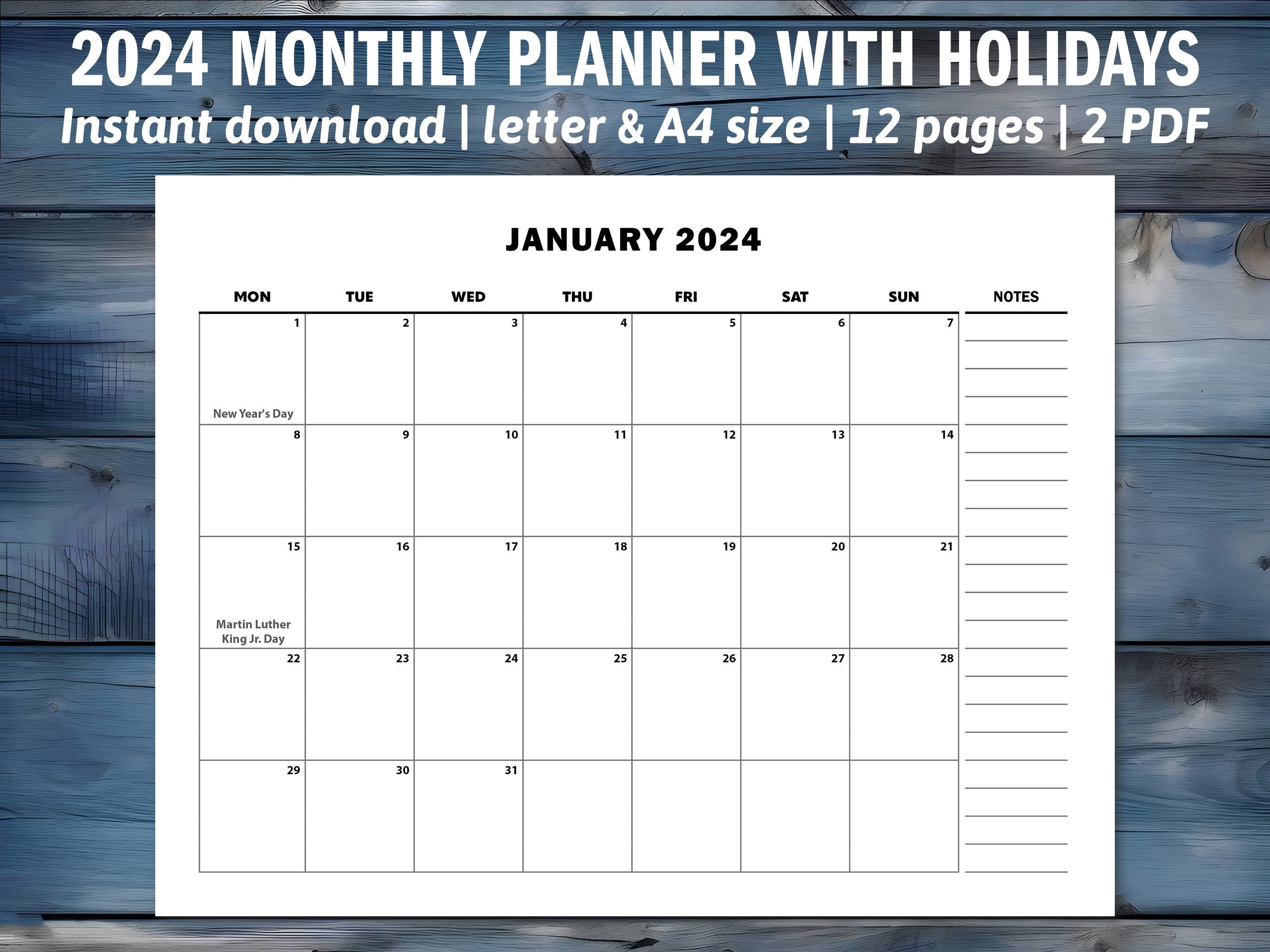 2024 Monthly Planner With Holiday Calendar Editable Digital Calendar ...
