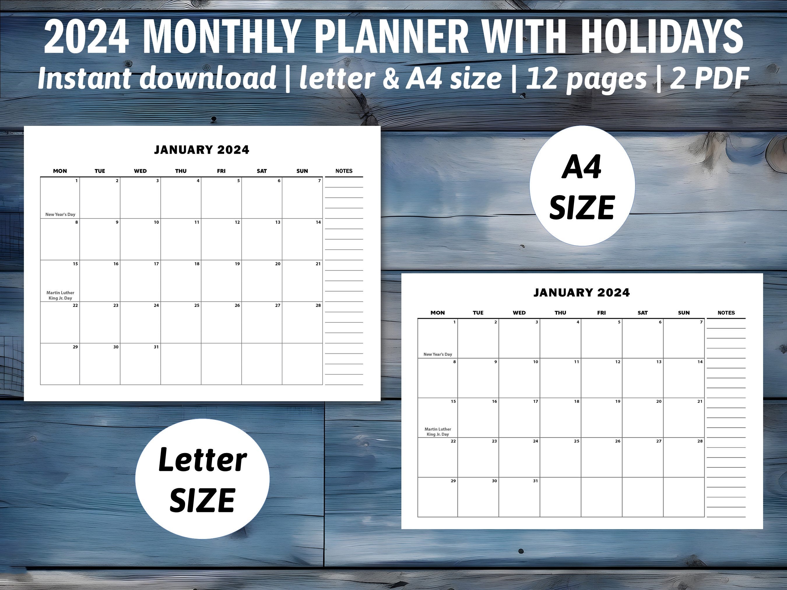 2024 Monthly Planner With Holiday Calendar Editable Digital Calendar ...