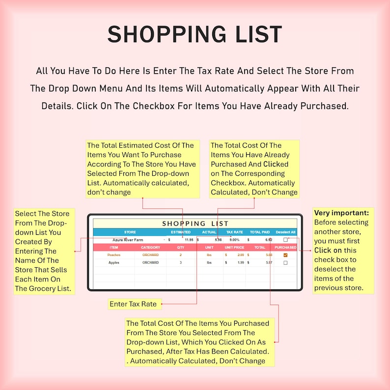 Grocery Shopping Checklist Excel & Google Sheets Template (digital ...