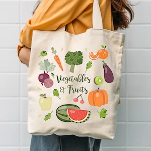 Vegetables and Fruits Tote Bag, Cotton Tote Bag, Farmers Tote Bag ...
