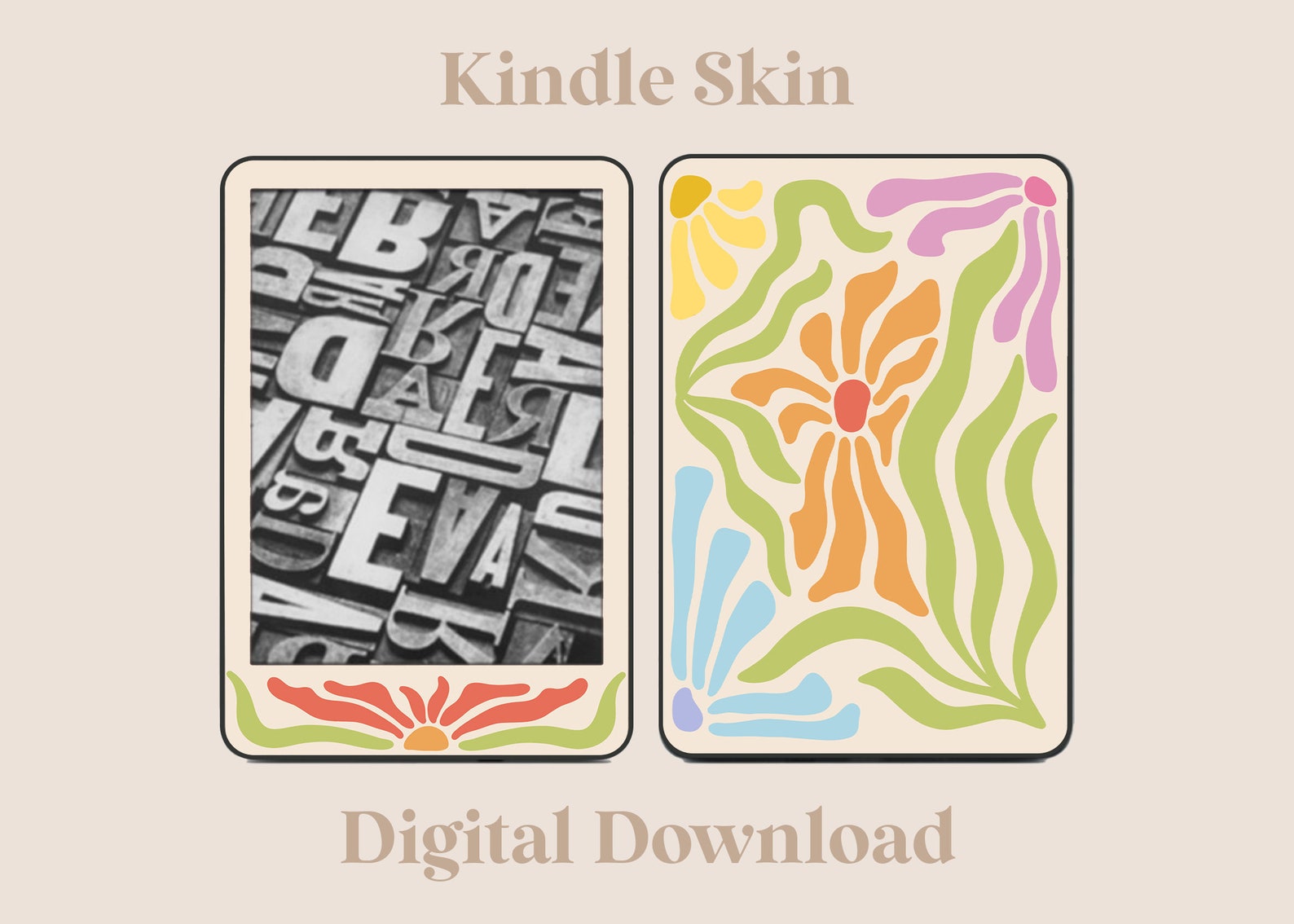 Wavy Retro Floral Kindle Decal Skin | Flower Kindle Decal | Digital ...