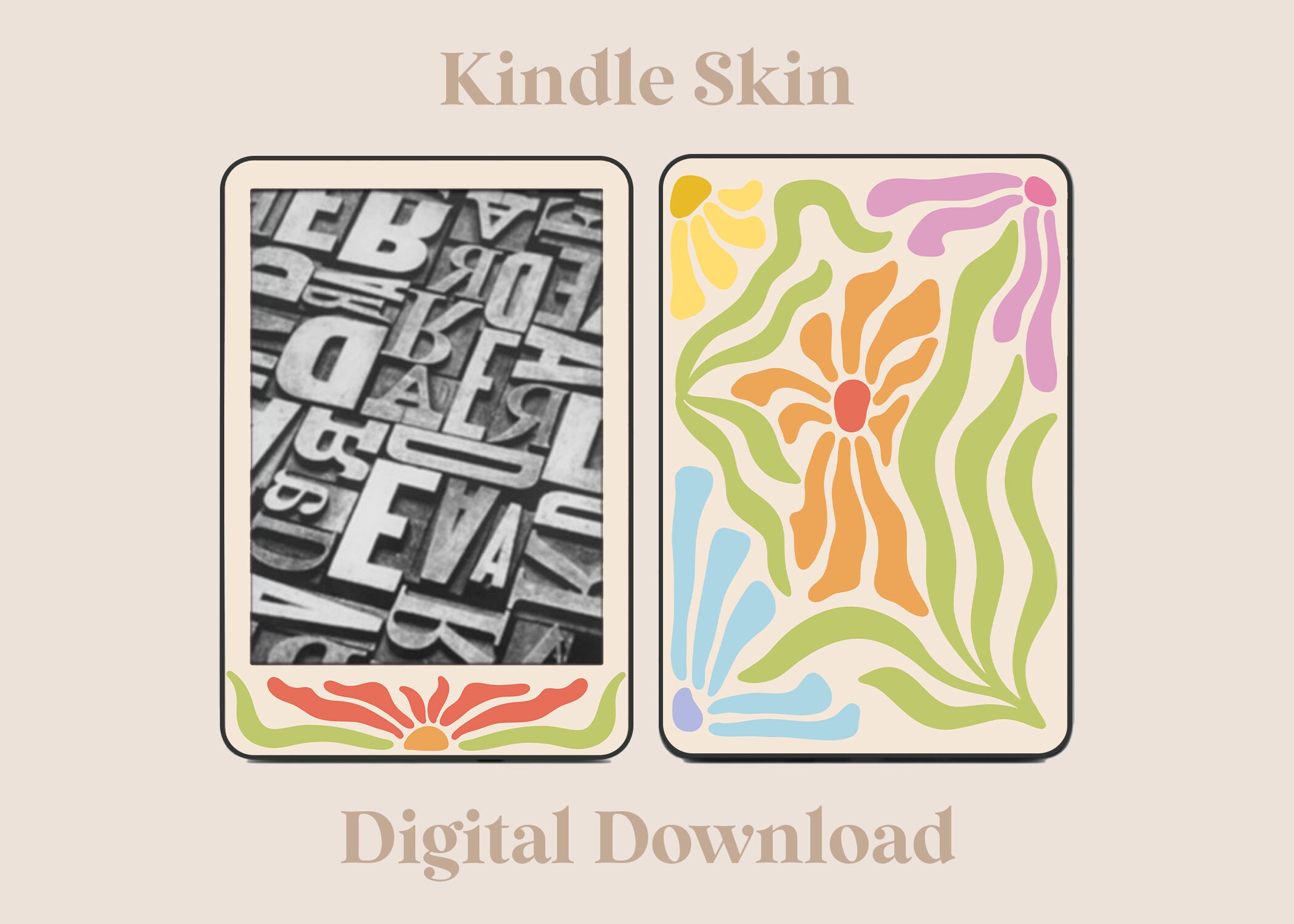 Wavy Retro Floral Kindle Decal Skin | Flower Kindle Decal | Digital ...