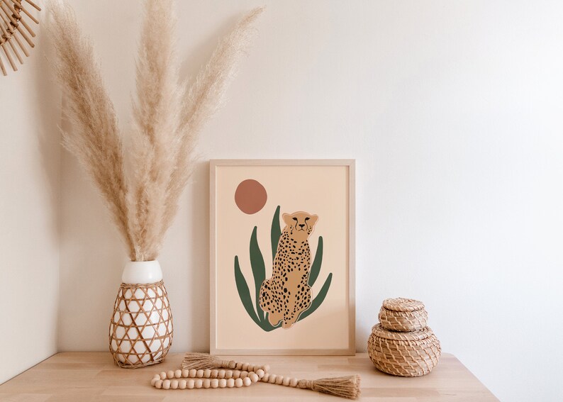Cheetah Wall Art Boho Cheetah Art Print Botanical Art - Etsy