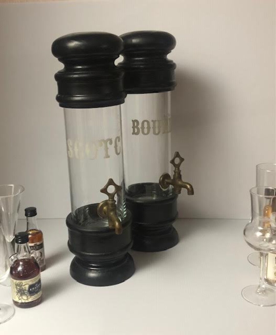 1 Etched Glass Whiskey Decanter With Spigot, Wood Base and Lid. This is ... 1 Etched Glass Whiskey Decanter With Spigot, Wood Base and Lid. This is ...