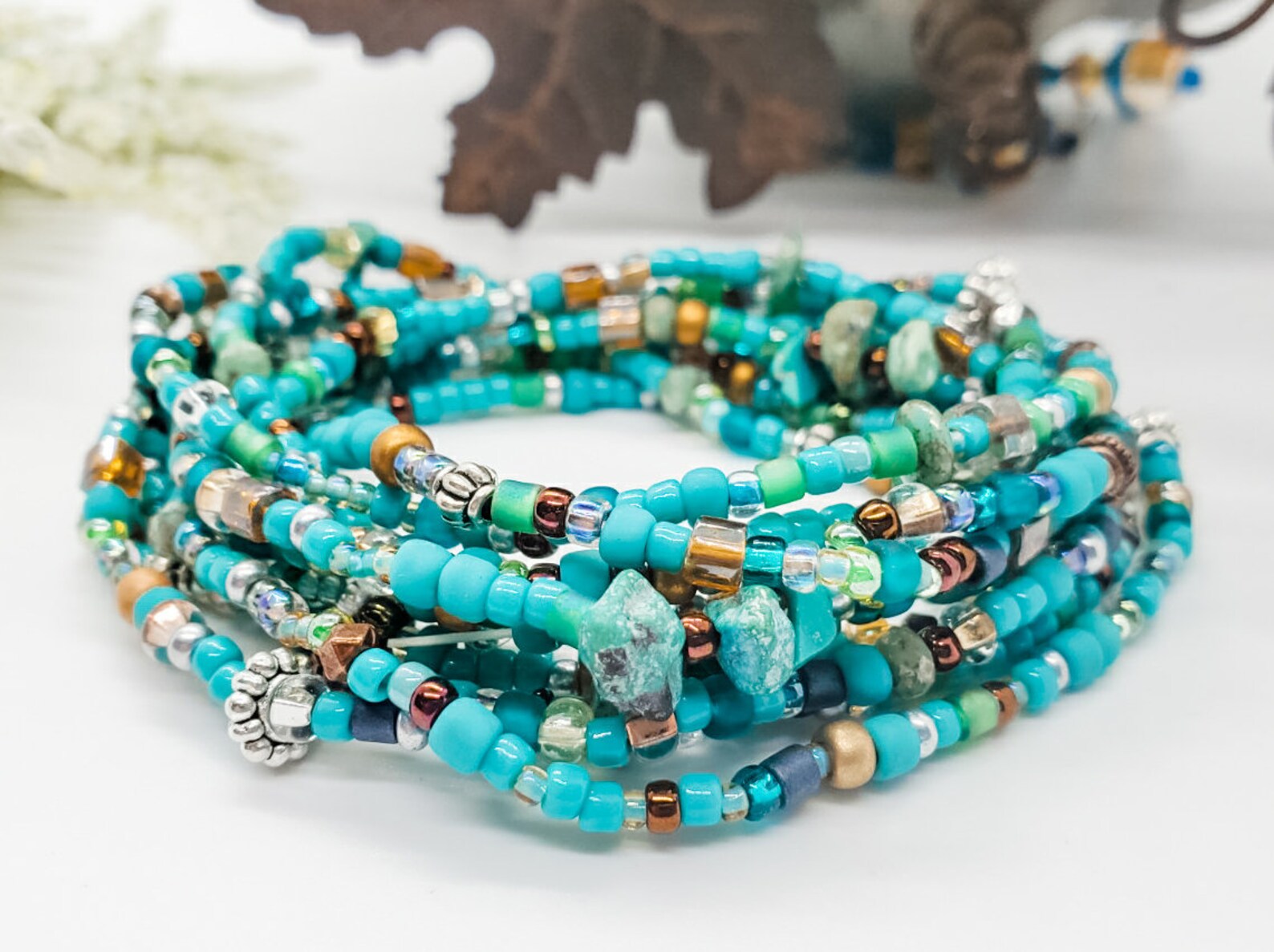 Long Turquoise Seed Bead Stretch Wrap Bracelet, Turquoise Bracelet ...