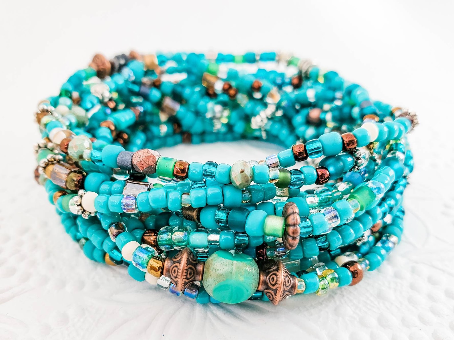 Long Turquoise Seed Bead Stretch Wrap Bracelet, Turquoise Bracelet ...