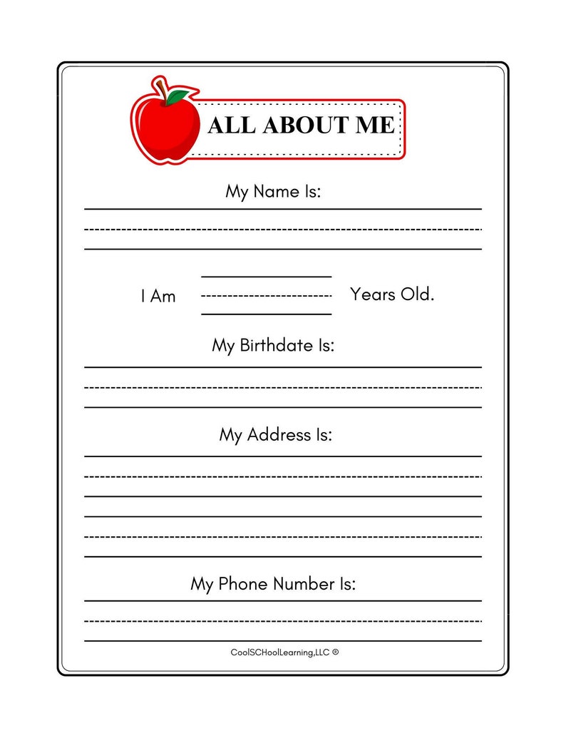 All About Me Printable, Kindergarten Activity (PDF) - Etsy