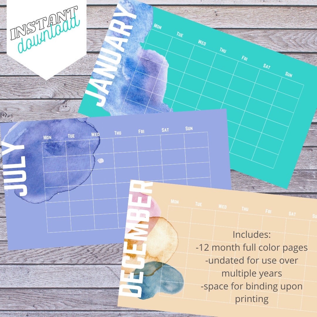 12 Month Undated Watercolor Calendar Printable - Etsy