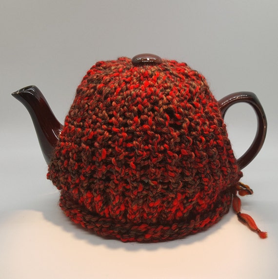 Tea Cozy Knitted Handmade Red Brown and Black Variegated | Etsy