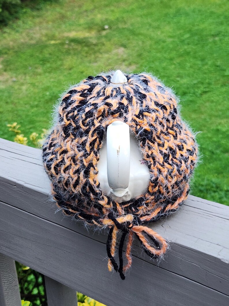Knitted Halloween Tea Cozy - Fuzzy Orange and Black Yarn T-17 - Etsy