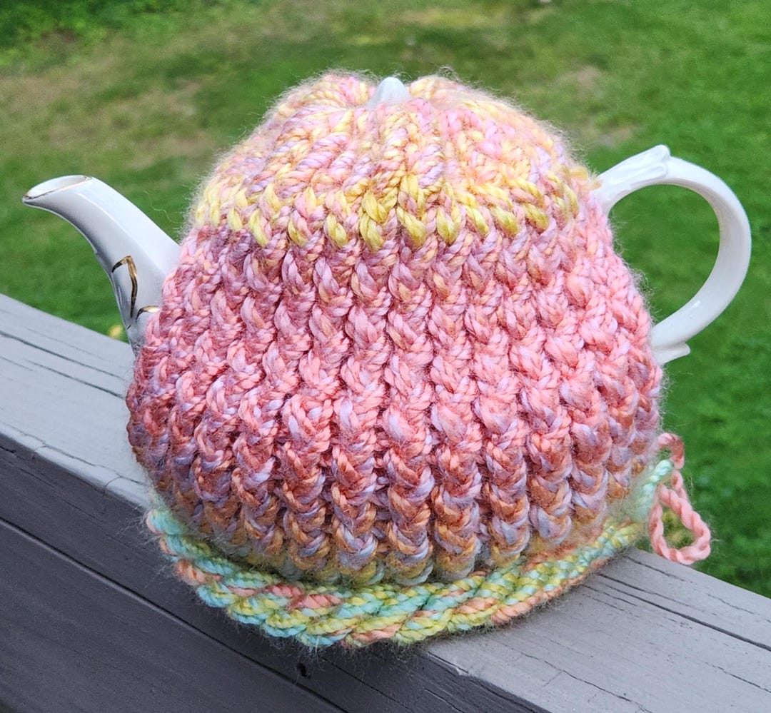 Tea Cozy - Knitted Pale Pink, Green and Yellow Variegated Yarn With ...