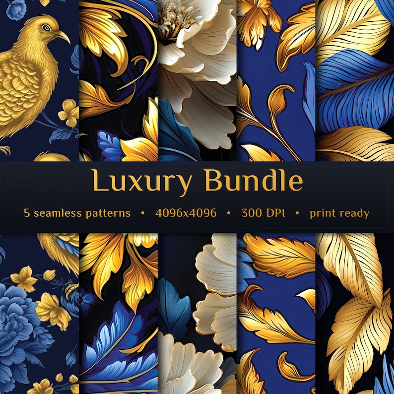 Luxury Seamless Pattern Bundle • Royal Gold and Blue • JPG Digital ...